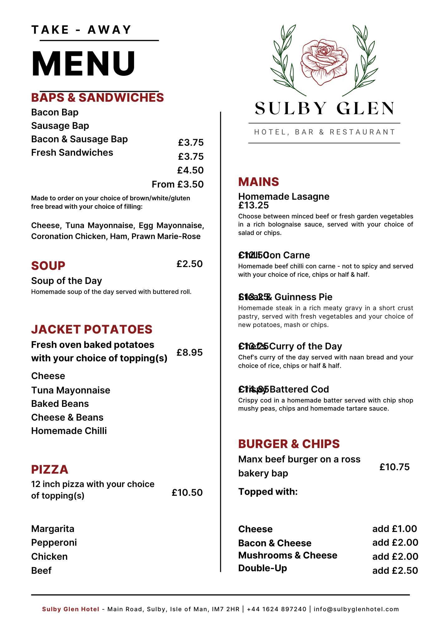Takeaway Menu – Sulby Glen Hotel